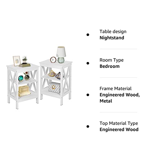 VECELO Nightstand Sofa Side Table with 3-Tier Storage Shelf for Living Room, Bedroom, Stable Steel Frame, Easy Assembly, End 2 Set, White