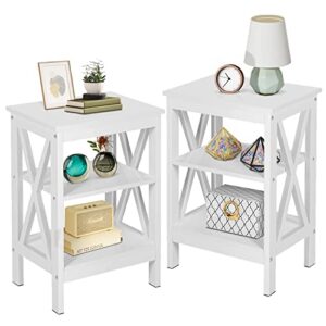 vecelo nightstand sofa side table with 3-tier storage shelf for living room, bedroom, stable steel frame, easy assembly, end 2 set, white