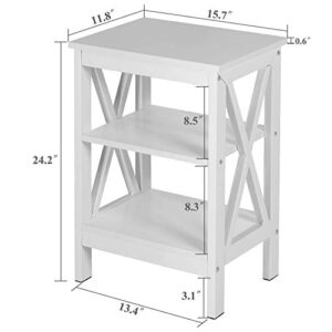 VECELO Nightstand Sofa Side Table with 3-Tier Storage Shelf for Living Room, Bedroom, Stable Steel Frame, Easy Assembly, End 2 Set, White