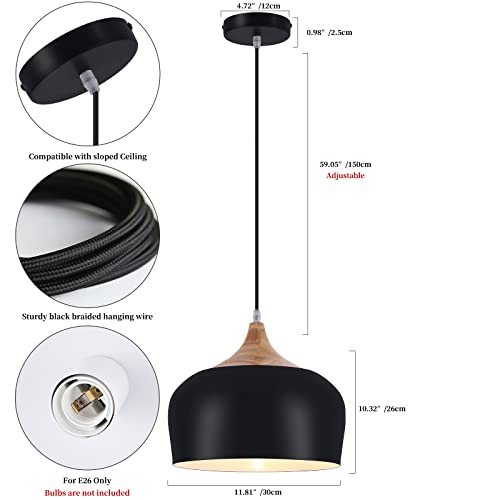 POLITAMP Modern Pendant Lights,Wooden Dome Pendant Light Fixture,Adjustable Hanging Pendant Lighting Chandelier Lamp for Kitchen Island,Dining Room,Hallway,Foyer,Bedroom(Black)