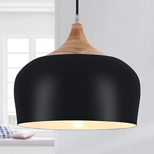 POLITAMP Modern Pendant Lights,Wooden Dome Pendant Light Fixture,Adjustable Hanging Pendant Lighting Chandelier Lamp for Kitchen Island,Dining Room,Hallway,Foyer,Bedroom(Black)