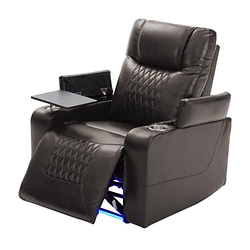 Merax Electric Recliner Chair with USB Charge Port, 360 Swivel Tray Table, Hand in-Arm Storage, and Cup Holders, Ambient Lighting - Ambient Lighting Gaming Recliner Chair Home Theater Seating (Brown)