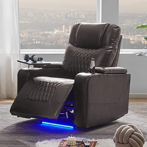 Merax Electric Recliner Chair with USB Charge Port, 360 Swivel Tray Table, Hand in-Arm Storage, and Cup Holders, Ambient Lighting - Ambient Lighting Gaming Recliner Chair Home Theater Seating (Brown)