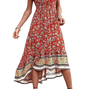 PRETTYGARDEN Long Dress for Women Cap Sleeves V Neck Summer Floral Beach Maxi Dresses Red