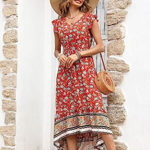 PRETTYGARDEN Long Dress for Women Cap Sleeves V Neck Summer Floral Beach Maxi Dresses Red