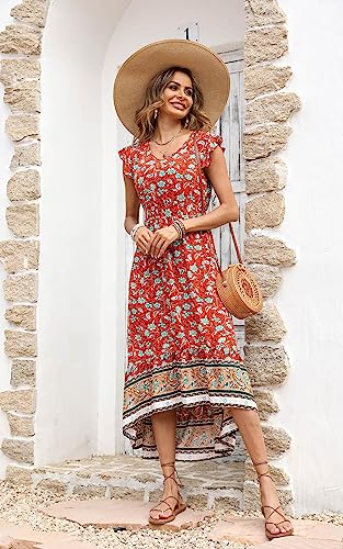 PRETTYGARDEN Long Dress for Women Cap Sleeves V Neck Summer Floral Beach Maxi Dresses Red