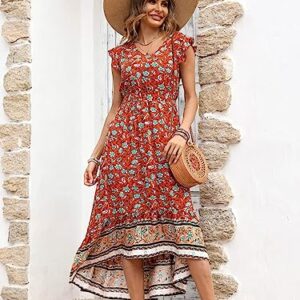 PRETTYGARDEN Long Dress for Women Cap Sleeves V Neck Summer Floral Beach Maxi Dresses Red