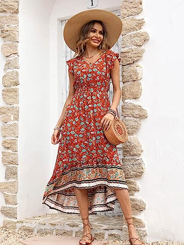 PRETTYGARDEN Long Dress for Women Cap Sleeves V Neck Summer Floral Beach Maxi Dresses Red