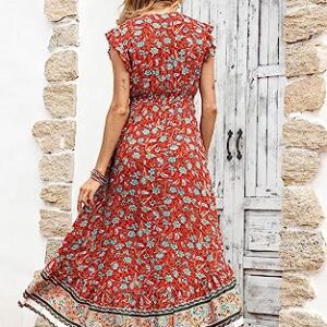 PRETTYGARDEN Long Dress for Women Cap Sleeves V Neck Summer Floral Beach Maxi Dresses Red