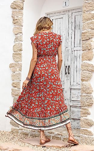 PRETTYGARDEN Long Dress for Women Cap Sleeves V Neck Summer Floral Beach Maxi Dresses Red