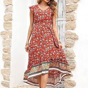 PRETTYGARDEN Long Dress for Women Cap Sleeves V Neck Summer Floral Beach Maxi Dresses Red