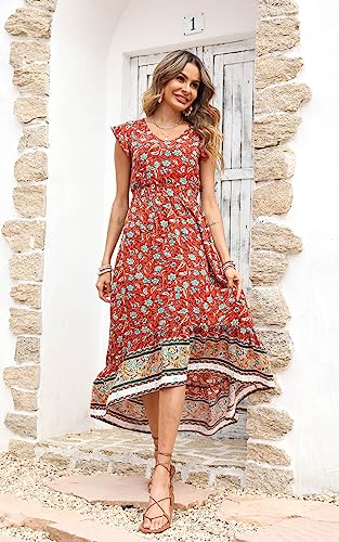 PRETTYGARDEN Long Dress for Women Cap Sleeves V Neck Summer Floral Beach Maxi Dresses Red