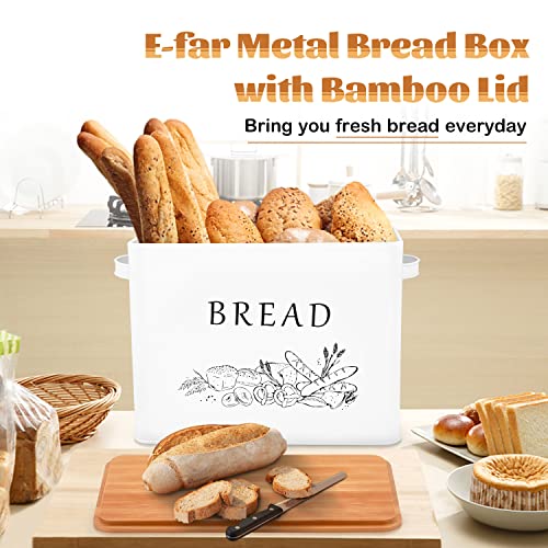 E-far Bread Box for Kitchen Countertop, Metal Bread Storage Container Bin with Bamboo Lid for Cutting Bread, Extra Large & Farmhouse Style, 13” x 7.2” x9.8”, White