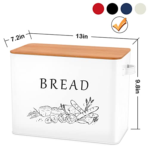 E-far Bread Box for Kitchen Countertop, Metal Bread Storage Container Bin with Bamboo Lid for Cutting Bread, Extra Large & Farmhouse Style, 13” x 7.2” x9.8”, White