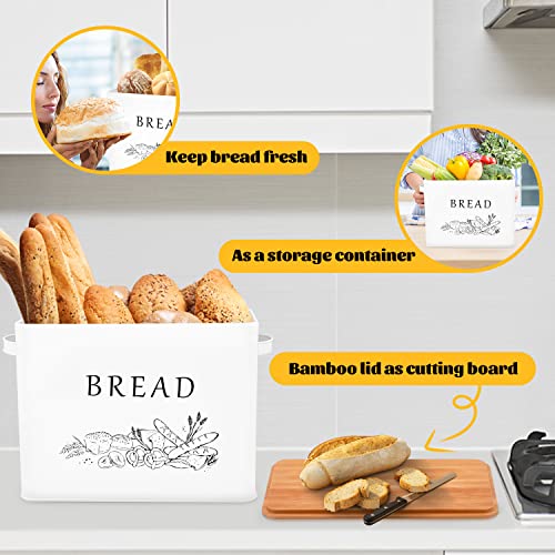 E-far Bread Box for Kitchen Countertop, Metal Bread Storage Container Bin with Bamboo Lid for Cutting Bread, Extra Large & Farmhouse Style, 13” x 7.2” x9.8”, White