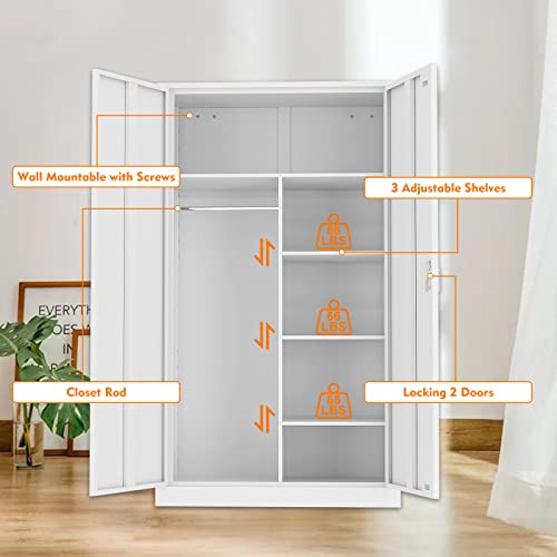 MIIIKO Steel Wardrobe, 72" Combination Storage Cabinet with Clothes Rod and 4 Shelves Organizer Storage, 2 Lockable Doors, for Office Home, Garage, Laundry Room