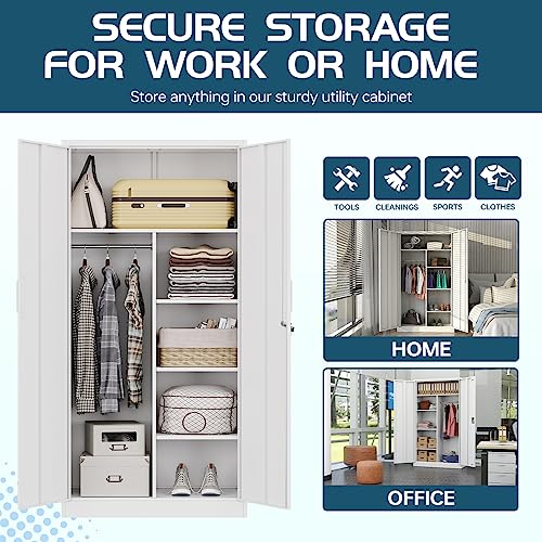 MIIIKO Steel Wardrobe, 72" Combination Storage Cabinet with Clothes Rod and 4 Shelves Organizer Storage, 2 Lockable Doors, for Office Home, Garage, Laundry Room