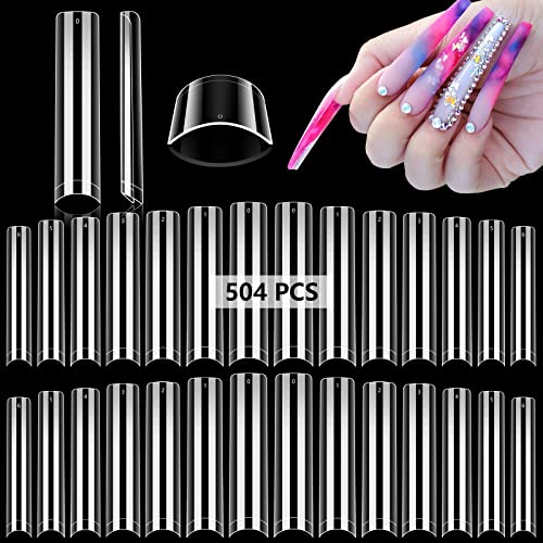 504Pcs XXL No C Curve Nail Tips for Acrylic Nails Professional Set, Straight Tapered Square Clear Nail Tips Half Cover Long Fake Nails, Ballerina Shaped French Nails for Nail Salon and DIY Nail Art