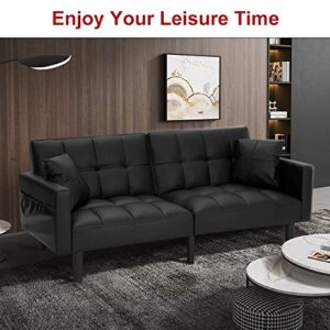 HOMHUM Convertible Sleeper Sofa Bed Modern Leather Couch Bed Futon Sofa Bed with 2 Pillows for Living Room, Apartment, Guest Room, Luxury Black