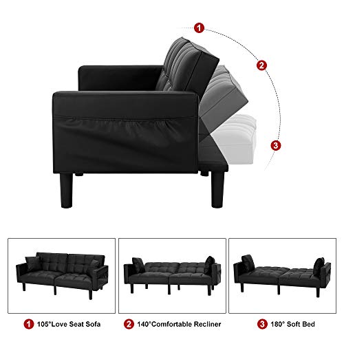 HOMHUM Convertible Sleeper Sofa Bed Modern Leather Couch Bed Futon Sofa Bed with 2 Pillows for Living Room, Apartment, Guest Room, Luxury Black