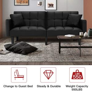 HOMHUM Convertible Sleeper Sofa Bed Modern Leather Couch Bed Futon Sofa Bed with 2 Pillows for Living Room, Apartment, Guest Room, Luxury Black