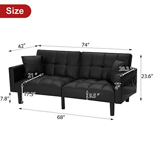 HOMHUM Convertible Sleeper Sofa Bed Modern Leather Couch Bed Futon Sofa Bed with 2 Pillows for Living Room, Apartment, Guest Room, Luxury Black