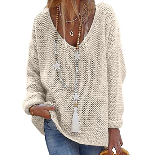 Womens Sweaters V Neck Knit Pullover Tops Plus Size Cable Knit Jumpers Long Sleeve Solid Color (XX-Large,Apricot)