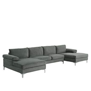 casa andrea milano modern large velvet fabric u-shape sectional sofa, double extra wide chaise lounge couch, neutral grey