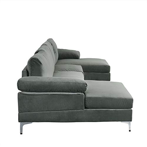 Casa Andrea Milano Modern Large Velvet Fabric U-Shape Sectional Sofa, Double Extra Wide Chaise Lounge Couch, Neutral Grey