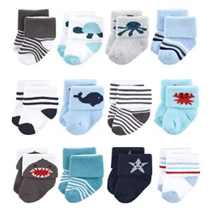 hudson baby baby girls cotton rich newborn and terry socks, sea creatures 12-pack, 0-6 months us