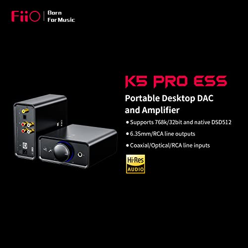 FiiO K5Pro ESS Amplifier Headphone Amps Stereo High Resolution Portable Desktop DAC 768K/32Bit and Native DSD512 for Home Audio/PC 6.35mm Headphone Out/RCA Line-Out/Coaxial/Optical Inputs (Black)