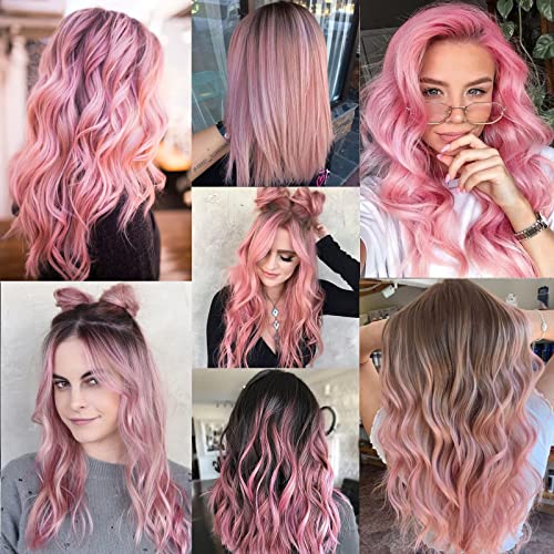 12 PCS Pink Hair Extensions Clip in, Colored Party Highlights Extension for Kids Girls Synthetic Hairpiece Straight 22 inch