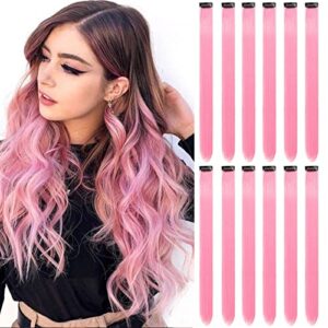 12 pcs pink hair extensions clip in, colored party highlights extension for kids girls synthetic hairpiece straight 22 inch