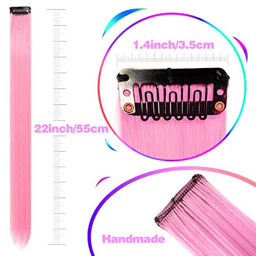 12 PCS Pink Hair Extensions Clip in, Colored Party Highlights Extension for Kids Girls Synthetic Hairpiece Straight 22 inch