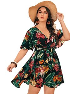 floerns women's plus size tropical print v neck short sleeve belted short dress black multi 2xl