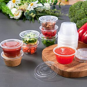 [200 Sets - 2 oz] Disposable Plastic Portion Cups with Lids, Small Plastic Condiment Containers for Sauce, 2 oz Jello Shot Cups, Souffle Cups