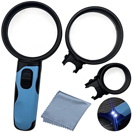 MagniPros Magnifying Glass with Bright LED Lights- 2.5X, 5X, 16X Handheld Magnifying Glass with 3 Interchangeable Lenses-Ideal for Seniors, Maps, Macular Degeneration, Jewelry, Watch…