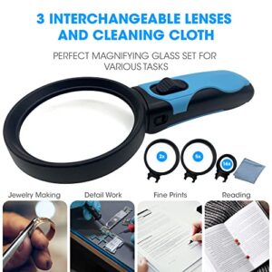 MagniPros Magnifying Glass with Bright LED Lights- 2.5X, 5X, 16X Handheld Magnifying Glass with 3 Interchangeable Lenses-Ideal for Seniors, Maps, Macular Degeneration, Jewelry, Watch…