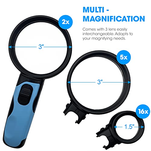 MagniPros Magnifying Glass with Bright LED Lights- 2.5X, 5X, 16X Handheld Magnifying Glass with 3 Interchangeable Lenses-Ideal for Seniors, Maps, Macular Degeneration, Jewelry, Watch…