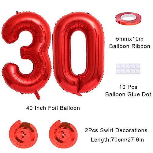 Maigendoo Jumbo 30 Number Balloon 40 Inch Large Digit Balloons Huge Helium Balloon Foil Mylar Balloon with Swirl Decorations for 30th Birthday Party Graduation Celebration Anniversary Event, Red