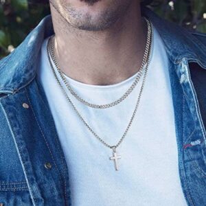 Cross Necklace for Men, Mens Cross Necklaces Stainless Steel Silver Cross Necklace Cross Chain for Men Layered Cuban Link Chain for Men 16-18 Inch Cross Necklace Mens Jewelry Gifts for Dad Boyfriend