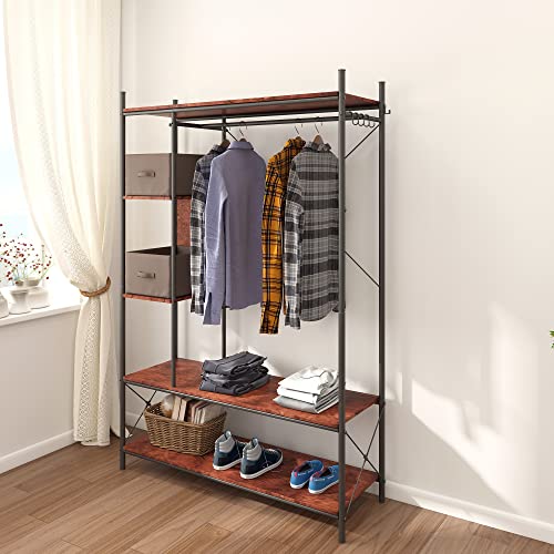 Ama Maker Metal Clothes Garment Rack With Shelves Heavy Duty Hanging Rod Free Standing Closet Rack and Shelving Black With Wood Board Wardrobe