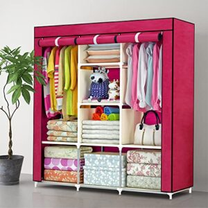 QLFJ-FurDec Portable Wardrobe Closet, 47 Inch Clothes Storage Organizer Shelves Rack, Non-Woven Fabric Cover Standing Closet with 2 Hanging Rods, Extra Durable, Quick and Easy Assembly(Wine Red)