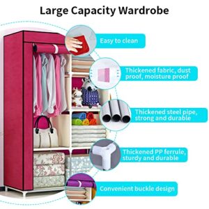 QLFJ-FurDec Portable Wardrobe Closet, 47 Inch Clothes Storage Organizer Shelves Rack, Non-Woven Fabric Cover Standing Closet with 2 Hanging Rods, Extra Durable, Quick and Easy Assembly(Wine Red)