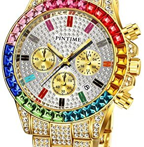 Gosasa Luxury Bling-ed Out Colorful Dial Full Diamond Hip Hop Rocks Watches Fashion Quartz Analog Stainless Steel Bracelet Wrist Watch (Gold)