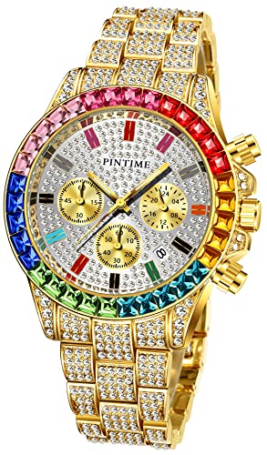 Gosasa Luxury Bling-ed Out Colorful Dial Full Diamond Hip Hop Rocks Watches Fashion Quartz Analog Stainless Steel Bracelet Wrist Watch (Gold)