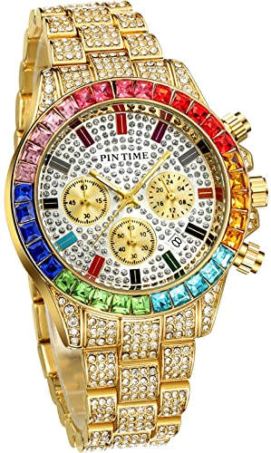 Gosasa Luxury Bling-ed Out Colorful Dial Full Diamond Hip Hop Rocks Watches Fashion Quartz Analog Stainless Steel Bracelet Wrist Watch (Gold)