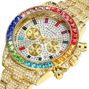 Gosasa Luxury Bling-ed Out Colorful Dial Full Diamond Hip Hop Rocks Watches Fashion Quartz Analog Stainless Steel Bracelet Wrist Watch (Gold)