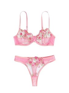 wdirara women's floral embroidery underwire lingerie set mesh bra and panty set pink s