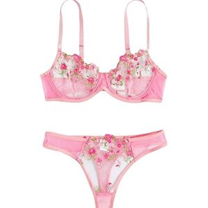 WDIRARA Women's Floral Embroidery Underwire Lingerie Set Mesh Bra and Panty Set Pink S